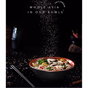 VALLENWOOD 6 Ramen Bowls, 18 pieces Pho set. Red Black Asian Japanese soup. Utensil: Spoons And Chopsticks kit. Melamine. Large 37 oz. Noodles, Rice, Udon, Thai, Chinese, Korean, Wonton, Miso