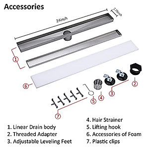24 inch Linear Shower Drain with Removable Square Hole Panel by Using Brushed 304 Stainless Steel Process, Linear Drain Equipped with Adjustable Feet and Hair Strainer