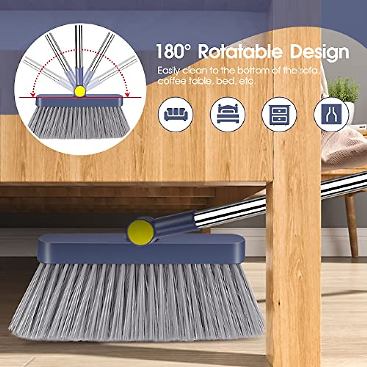 Almcmy Broom and Dustpan Set, Broom with Dustpan Combo Set, 47" Long Handle, Stand Up Dust Pan with Comb Teeth, Standing Dustpan and Broom Set for Sweeping Indoor Lobby Office Kitchen