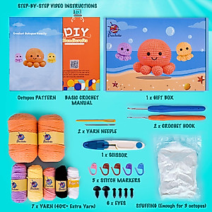 Crochetta Crochet Kit for Beginners, Amigurumi Crocheting Animals Kits w Step-by-Step Video Tutorials, Knitting Starter Pack for Adults and Kids, Jumbo 3 Nestable Octopus Familly (40%+ Yarn Content)