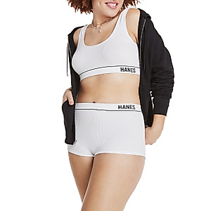 Hanes Women's Originals Seamless Rib Crop Bralette, Wireless Scoop Pullover Bra, ComfortFlex Fit, White, Medium