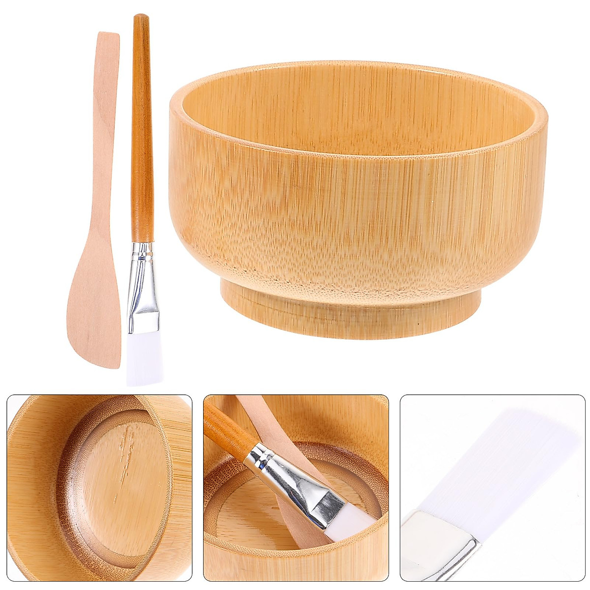 FOMIYES Face Mask Mixing Bowl Set , 3Pcs Wood DIY Tool Kit with Facial Mask Bowl Stick Spatula Makeup Brush for Girls Ladies Women