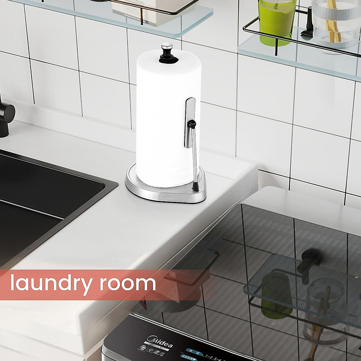 Dailyart Paper Towel Holder for One Hand Tear - Kitchen Paper Towel Holder Countertop with Tension Arm & Non Slip Weighted Base, Stainless Steel Paper Towel Holder Stand for Kitchen Bathroom, Black