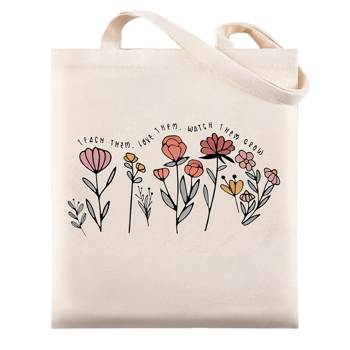 Glowave Canvas Tote Bag with Flower Pattern Teacher Tote Bag Beach Bag Cute Shopping Bags Shoulder Bag Reusable Grocery Bags