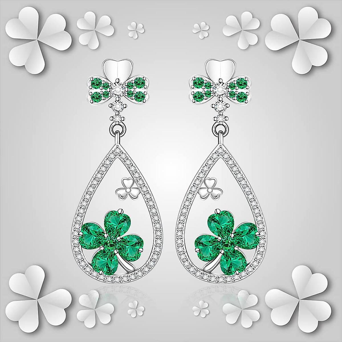 St Patricks Day Shamrock Earrings for Women Sterling Silver Studs Hypoallergenic Four Leaf Clover Green CZ Drop Dangle Earrings Jewelry Gifts