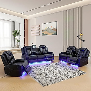 A Ainehome Luxury Living Room Furniture Sets Power Recliner Sectional Sofa Recliner Couch Set Recliner Leather Couch and Recliner Set Loveseat Chair for House/Office/Theater Seating(A-Black)