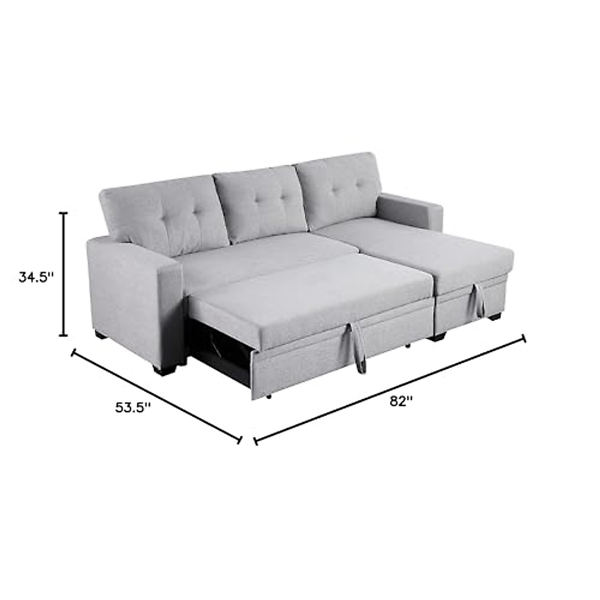 ACQCA 82" Sectional Sleeper Sofa with Pull Out Bed and Chaise Storage, L-Shape Reversible 3 Seater Couch with Tufted Backrest for Living Room,Apartment,Office,Light Gray