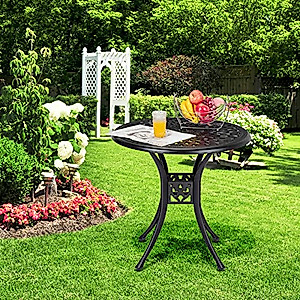 IDEALHOUSE Patio Bistro Table, Cast Aluminum Round Outdoor Table, Bistro Table with Umbrella Hole, for Poolside, Deck, Porch, Backyard, Garden, Balcony, Dia 30.25" x H 29.5", Black