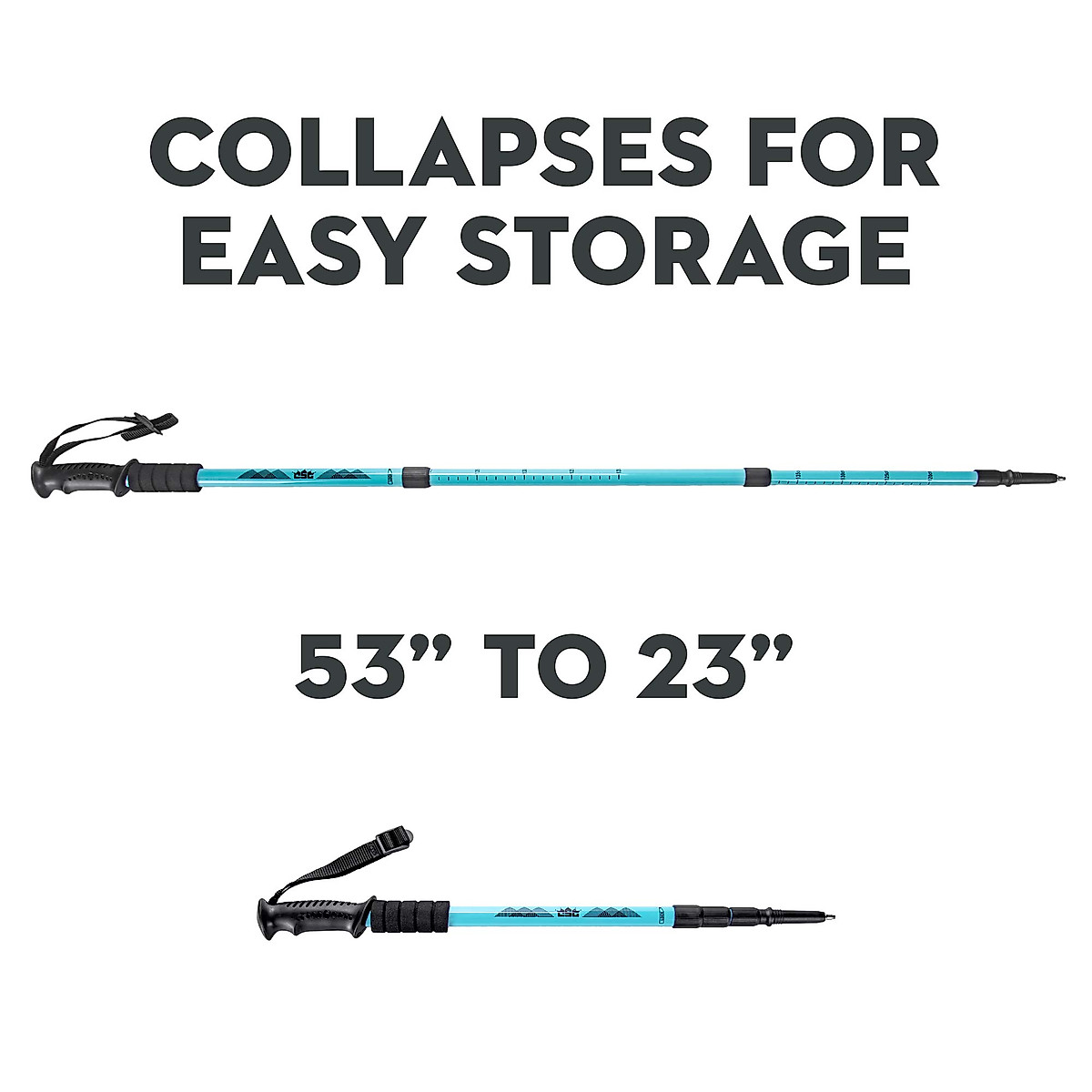 Trekking Pole & Walking Staff | Strong, Lightweight Aluminum | Extends up to 53" Collapses down to 23" | All-terrain: Interchangeable Carbonite Ice Pick Tip, Rubber Asphalt Tip, and Snow Cap (Teal)