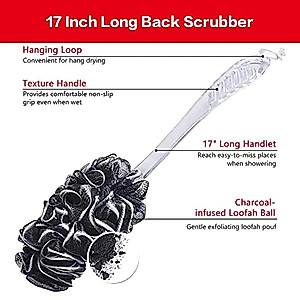 Loofah-Charcoal Back-Scrubber-Bath Sponges-Long Handled Shower Sponge-Loofah On a Stick- 1 Long Handle Back Brush, 1 Large Soft Mesh Poufs and 2 Hook for Men and Women