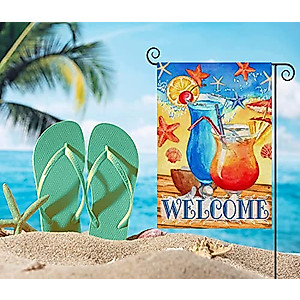 Summer Welcome Garden Flags for Outside 12x18 Double Sided Tropical Hawaii Beach Vertical Garden Yard Flags Pool Home Party Outdoor Garden Decor Banner