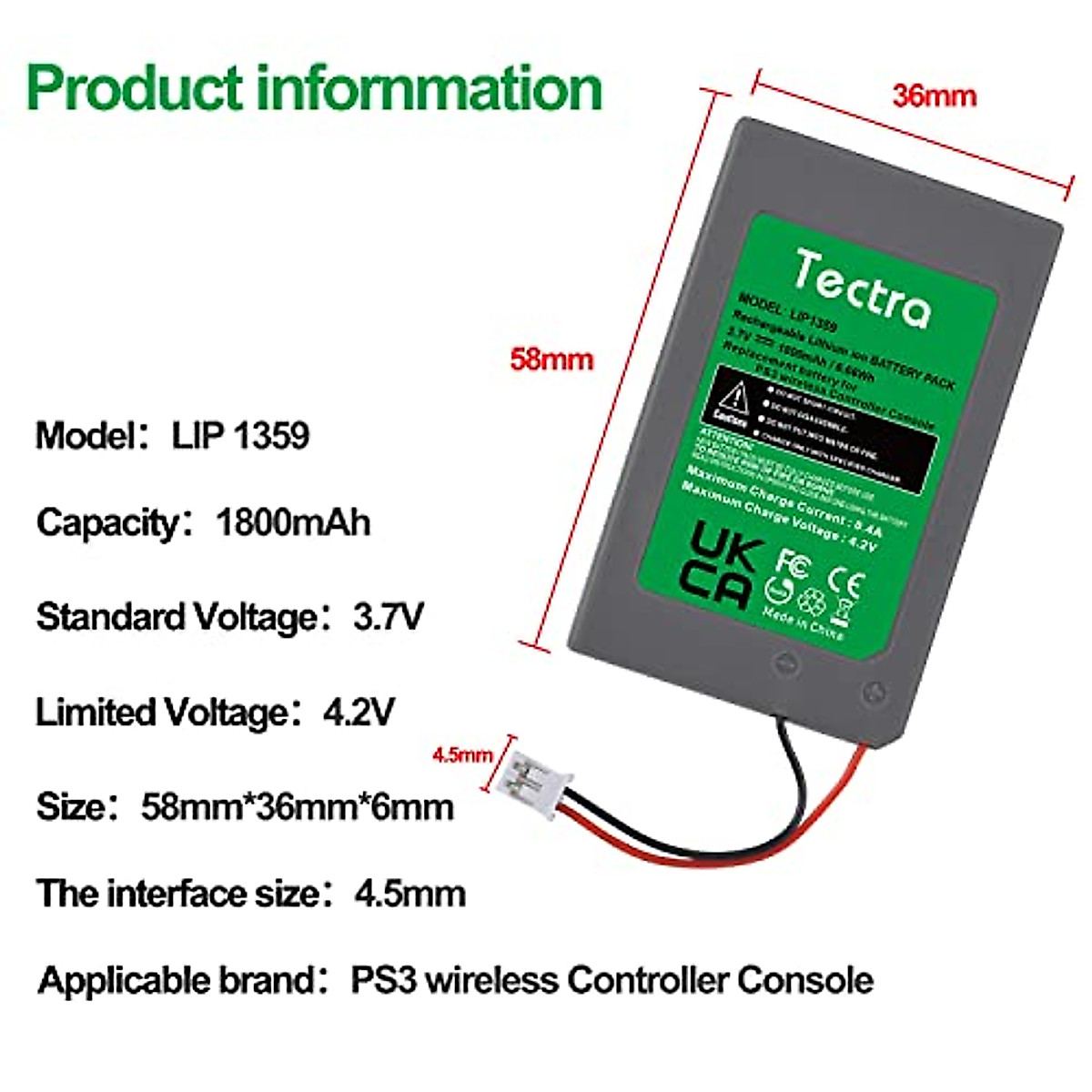 Tectra LIP1359 Battery Compatible with Sony Playstation 3 PS3 Dualshock 3 Wireless Controller CECHZC2E, CECHZC2U with USB Charging Cable