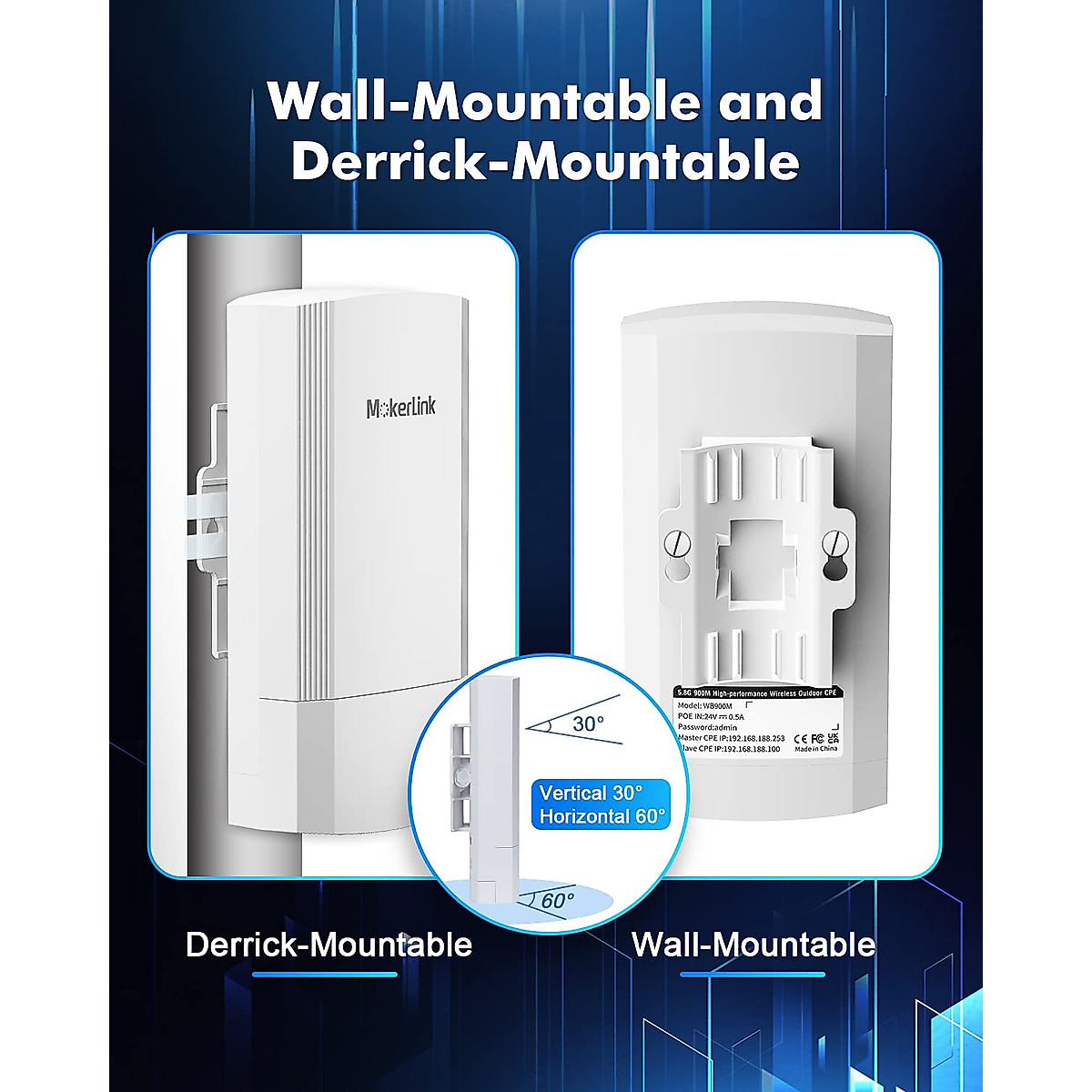 MokerLink WiFi Bridge, Wireless Outdoor CPE for PtP and PtMP Transmission, 5.8GHz 900Mbps 2-3KM Distance, with PoE Adapter, 2 Ethernet Port, 2 Pack