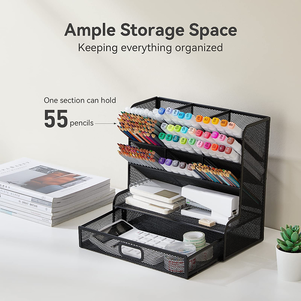 FURNINXS Mesh Desk Organizer with Drawer, Desktop Office Supplies Multi-Functional Caddy Pen Holder Stationery Accessories, Art Storage Supplies for Office Home School, Black