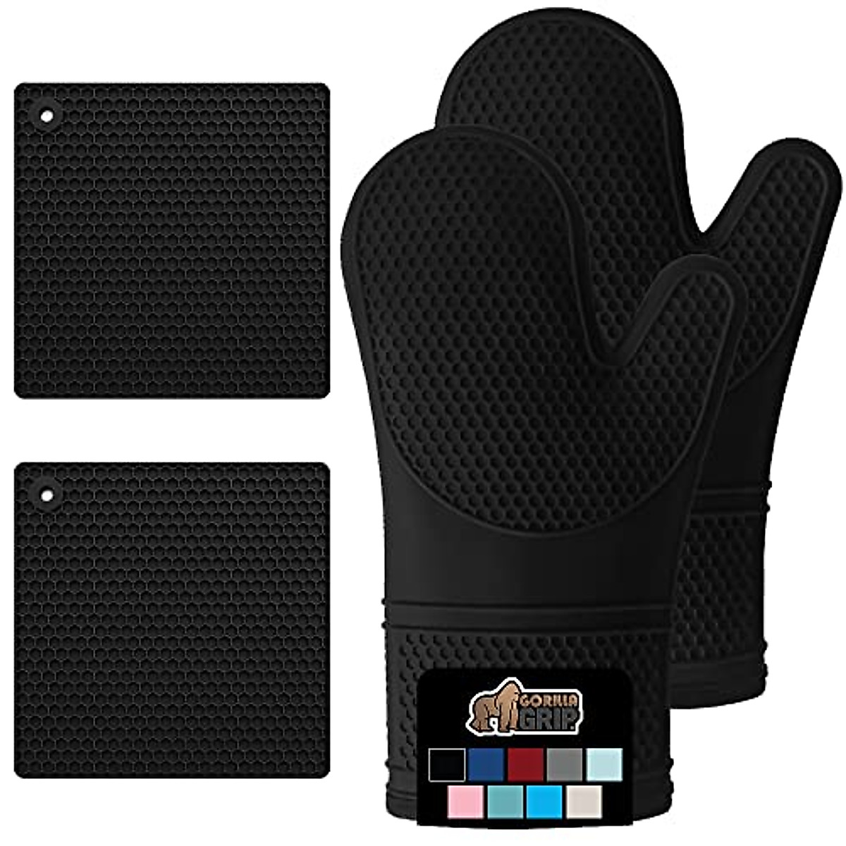 Gorilla Grip Heat and Slip Resistant Silicone Oven Mitt and Trivets Set, Waterproof, Cotton Lined Gloves, BPA-Free, Long Cooking Mitts and Trivet Mats, Kitchen Potholder Sets for Pans, 4 Pieces, Black