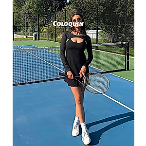 Coloquin Tennis Dress with Built in Shorts and Bra Backless Golf Workout Athletic Dress with Pockets