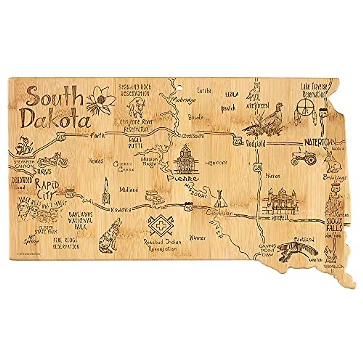 Totally Bamboo Destination South Dakota State Shaped Serving and Cutting Board, Includes Hang Tie for Wall Display