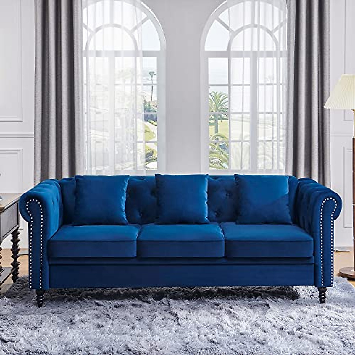 kinmars Chesterfield Sofa Velvet,3 Seater Couch Furniture,Couches for Living Room with Deep Button Tufting,Large Sofa with Rolled Arms (Blue)