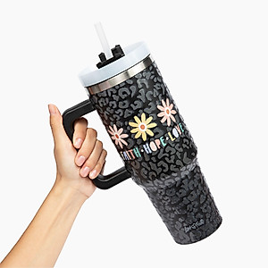 Love in Faith | Stainless Steel 40oz Tumbler with Handle | Vacuum Insulated | Faith-Based Christian Gifts | Faith Hope Love Black Leopard
