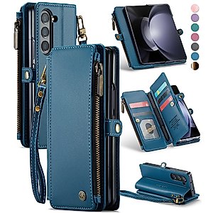 Defencase Wallet Case Compatible with Samsung Galaxy Z Fold 5 with RFID Blocking Card Holder & S Pen Holder PU Leather Magnetic Snap Flip Zipper Strap Phone Case Fit for Galaxy Z Fold 5, Dark Blue