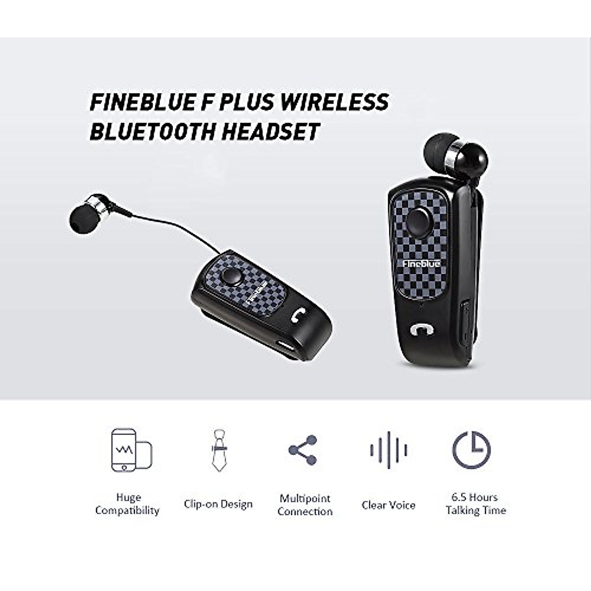 Fineblue F Plus Wireless Clip-on Bluetooth V4.0 / V4.1 Headset Headphone Hands-Free Supports for iOS and Android System - Black