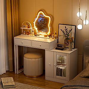 PAKASEPT Makeup Vanity Desk with Mirror and Lights, Makeup Table with Lots Storage, 3 Lighting Modes, Brightness Adjustable, Dressing Table for Women Girls