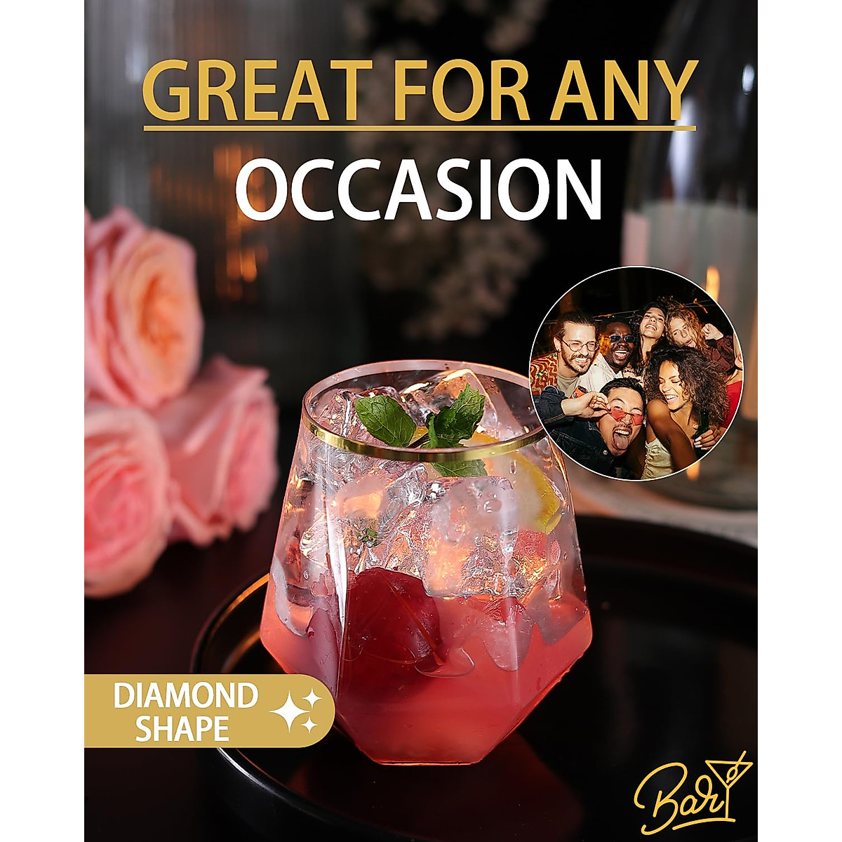 Maaacute 40 Pcak Plastic Stemless Wine cocktail Whiskey Champagne Glasses, 12 Oz Gold Rim Disposable Clear Unbreakable Cups for Party Bars Wedding Tasting (Diamond-shaped)