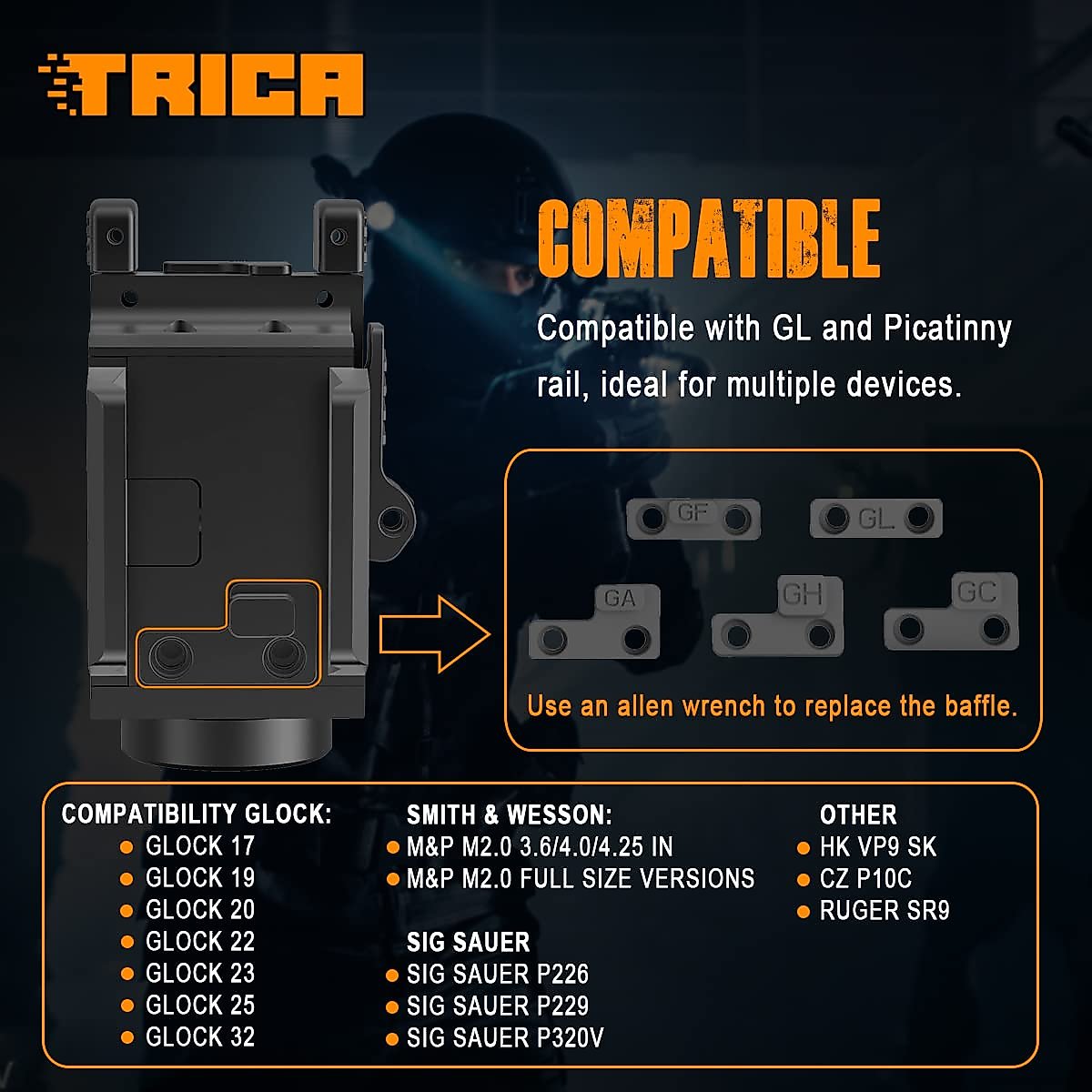 trica 800 Lumens Compact Green/Red Laser Light Combo, Compact Rechargeable Tactical Flashlight with Green Beam Quick Release Strobe Function Laser Light Combo with 1913 or GL Rail, Built-in Batter