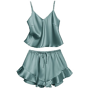 SOLY HUX Women's Sexy Silk Satin Ruffled Pajamas Sets Cami Shorts Sets Sleepwear Cadet Blue L