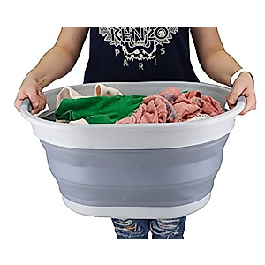 SAMMART 28L (7.4 gallon) Oval Collapsible Plastic Laundry Basket - Foldable Pop Up Storage Container/Organizer - Portable Washing Tub - Space Saving Hamper/Basket (Grey (Set of 2))