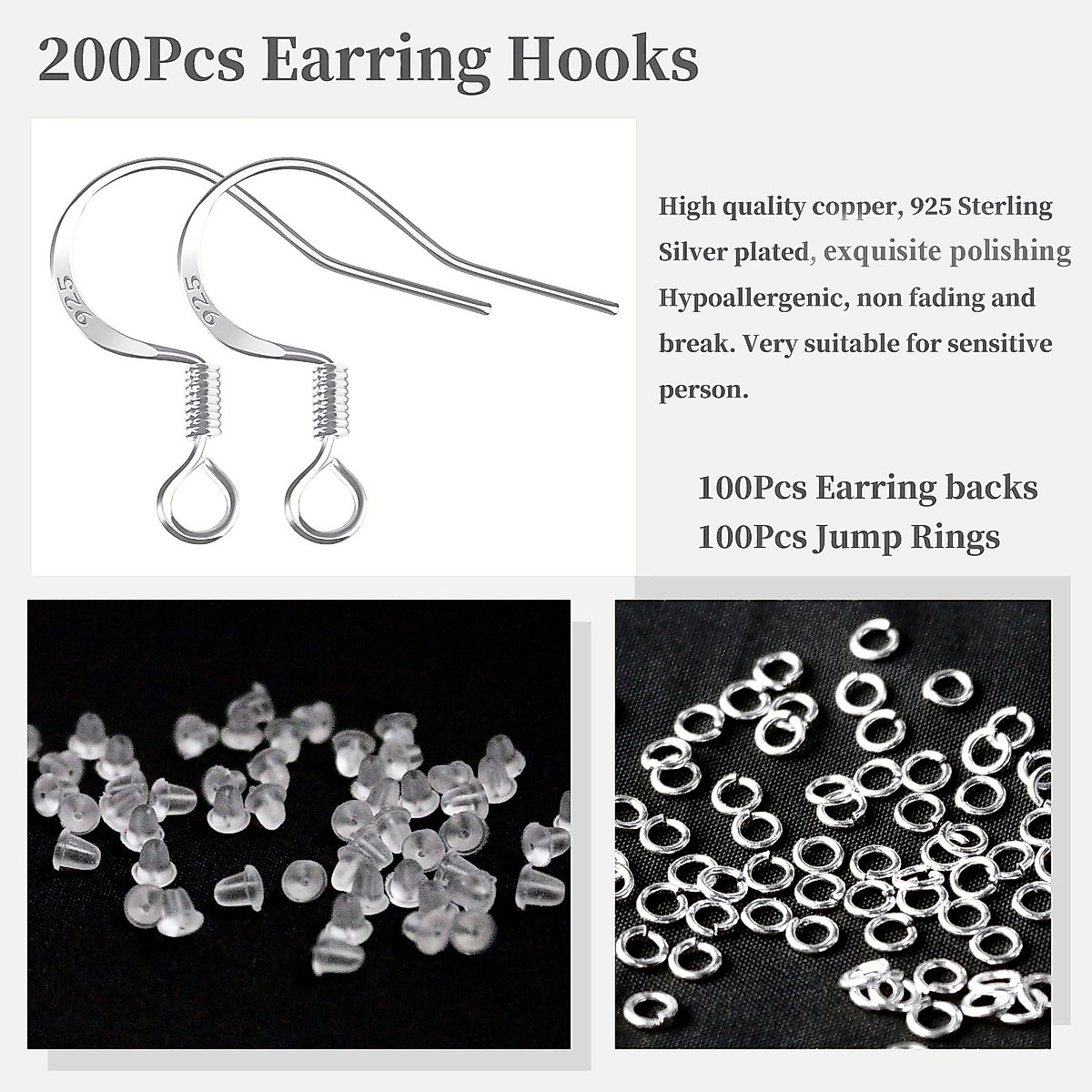 200 PCS/100 Pairs 925 Sterling Silver Earring Hooks Hypoallergenic Silver Ear Wires Fish Hooks with 100 PCS Clear Silicone Earring Backs and 100 PCS Jump Rings for DIY Jewelry Making