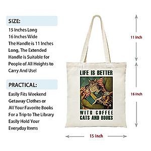 ZHANTUONE Canvas Tote Bag，Life is Better With Coffee Cats and Books，For Cat Lovers，Cat Lover Gifts for Women，Cat Lady Funny Cat Gifts，Pet Owner Gift，Birthday Gift For Someone Who Love Cats