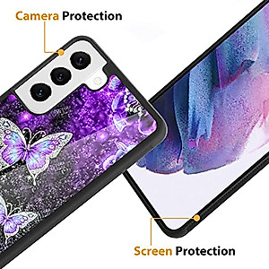 Tjkings for Samsung Galaxy S21 6.2 inch Case, [Screen Protector+Kickstand] Glitter Purple Butterfly Nebula Space Tire Design Hard PC+TPU Bumper Slim Anti-Scratch Shockproof for Samsung Galaxy S21