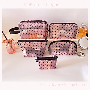 TRAKWAN 5 Pieces Mesh Heart Makeup Bags Sets, Zipper Mesh Cosmetic Bag Toiletry Bag, Travel Makeup Bags for Women, Small Items Storage Organizer Bags for Home Office Travel (Pink)