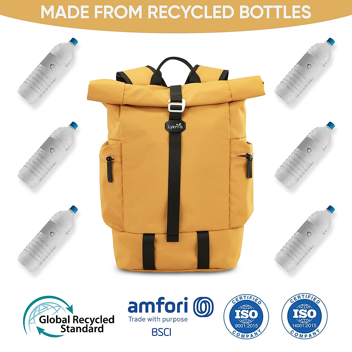 LYKNYA - Travel Backpack - Waterproof Backpack & Ultra Lightweight - Rolltop Backpack - Ecofriendly - Outdoor Backpack