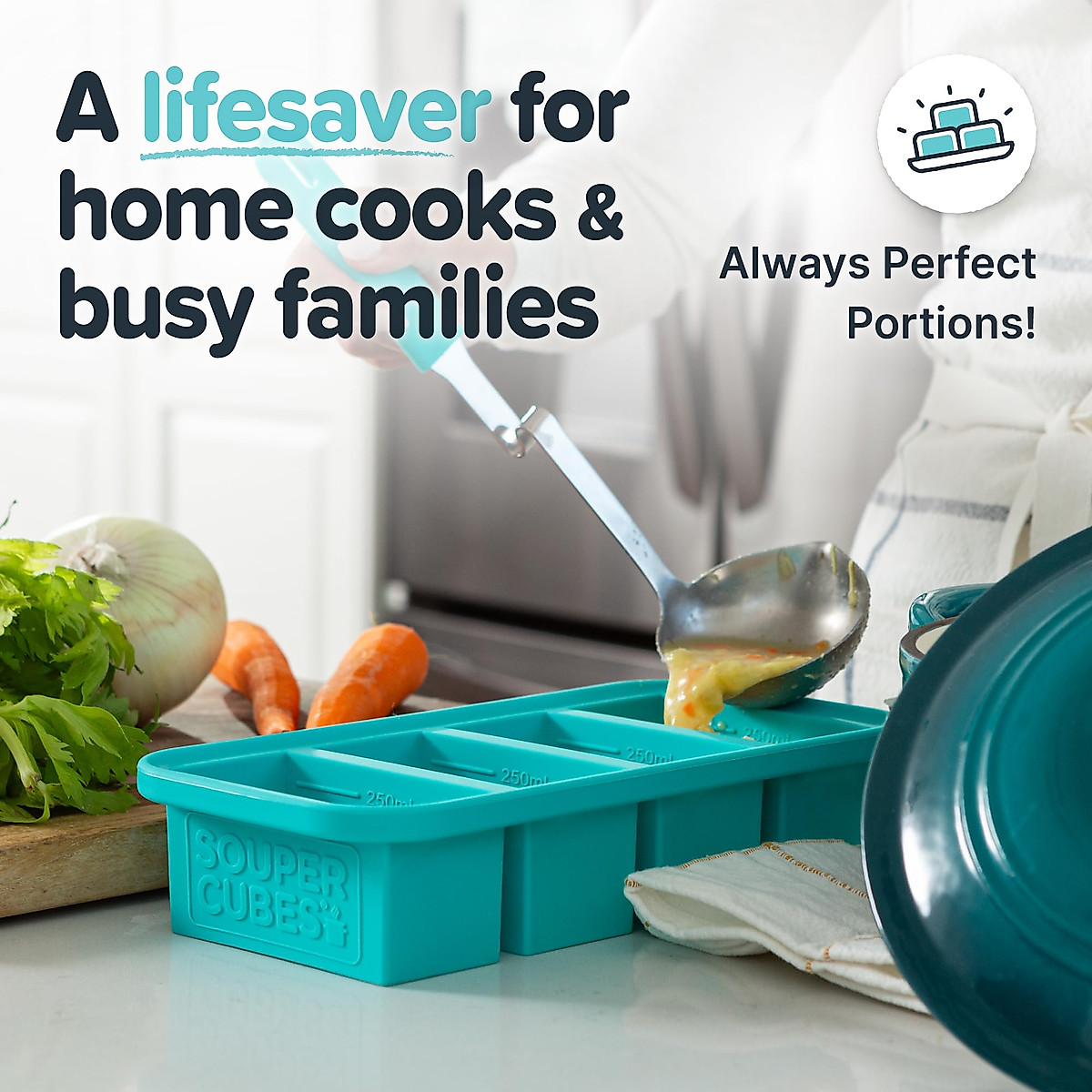 Souper Cubes 1-Cup Extra-Large Silicone Freezing Tray With Lid - Freeze Food Soup Broth Sauce In Perfect 1-Cup Portions, 2-Pack, Aqua Color