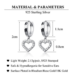 SLUYNZ 925 Sterling Silver Delicate CZ Heart Hoop Earrings for Women Sweet Love Heart Drop Earrings (A-Silver)
