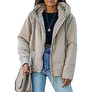 Dokotoo Womens Oversized Fashion Windbreaker Winter Autumn Full Zipper Front Drawstring Hooded Bomber Puffer Jacket Baggy Short Coats for Women Warm Comfy Soft Outerwear with Pockets Beige Medium