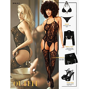 RSLOVE Women Fishnet Bodystocking Attached Stockings Sexy Lingerie Crotchless Bodysuit One Piece Babydoll One Size Black