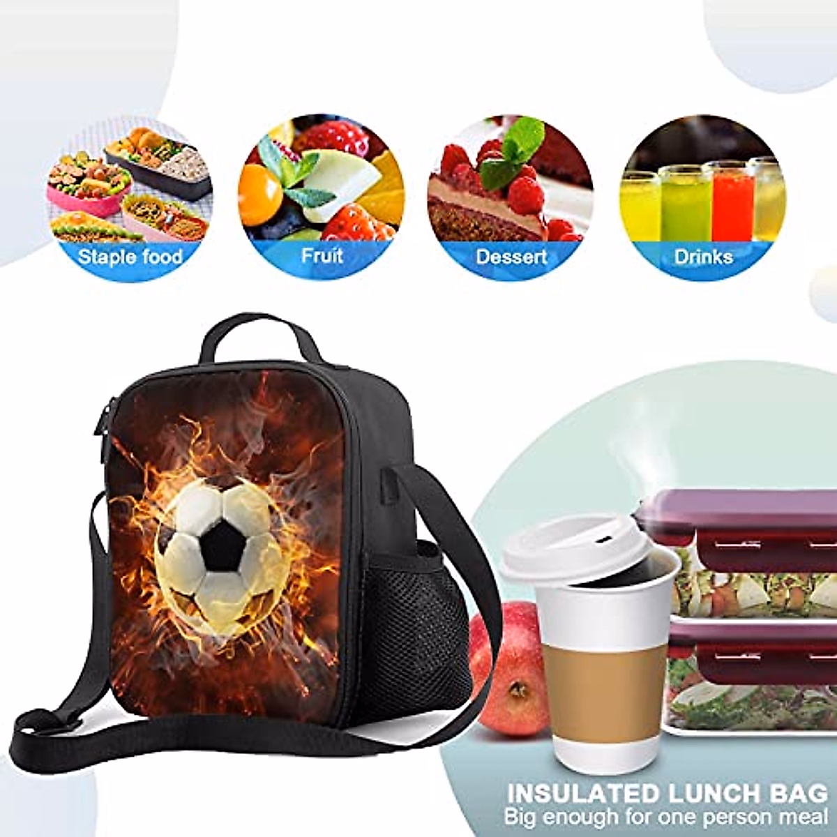 PrelerDIY Fire Soccer Lunch Box - Insulated Lunch Bag for Kids with Side Pocket & Shoulder Strap Snack Bags, Perfect for School/Camping/Hiking/Picnic/Beach/Travel