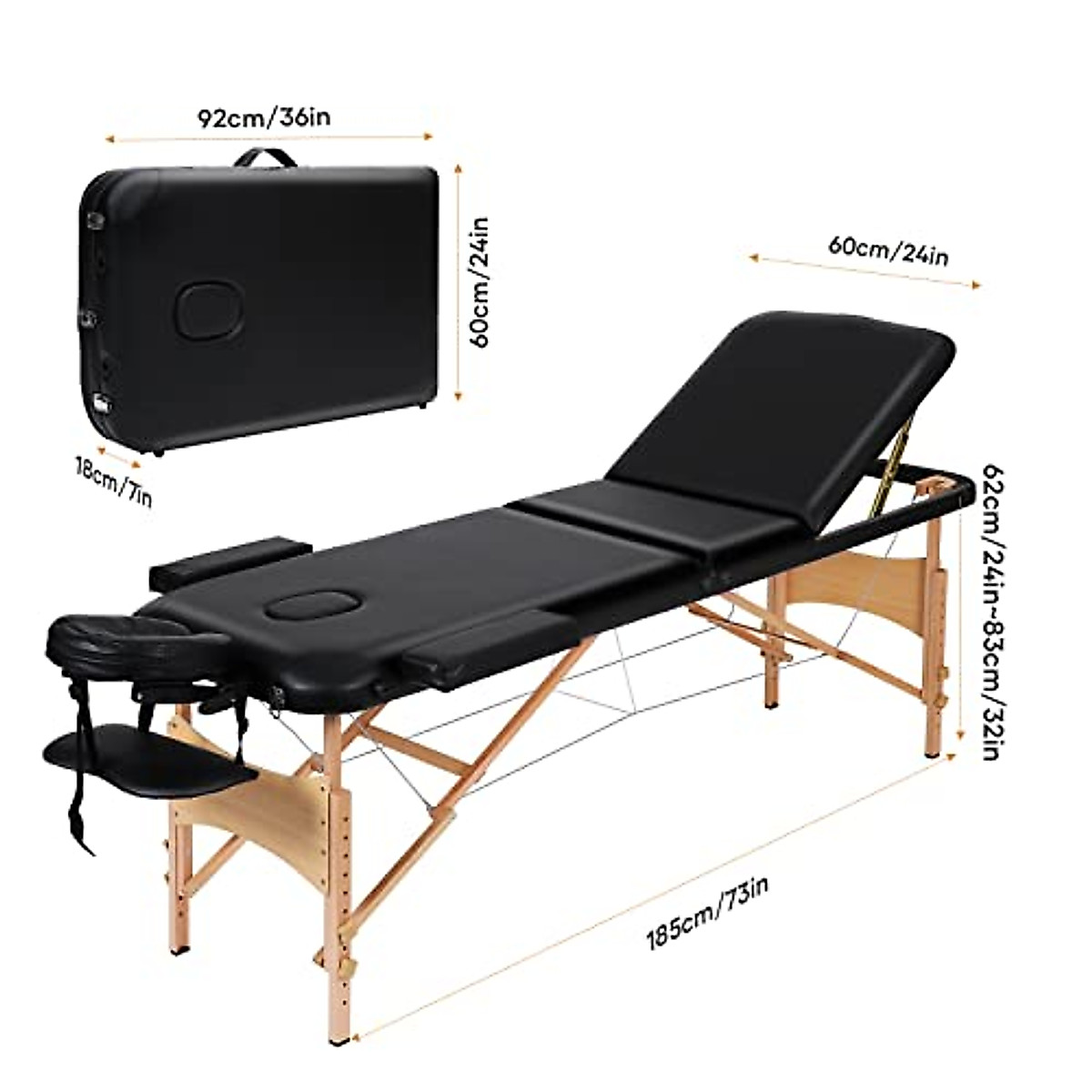 Careboda Professional Massage Table Foldable Massage Bed 3 Fold with 4cm High Density Sponge Robust Beechwood Legs Carrying Bag Full Accessories for Spa Salon Tattoo Beauty