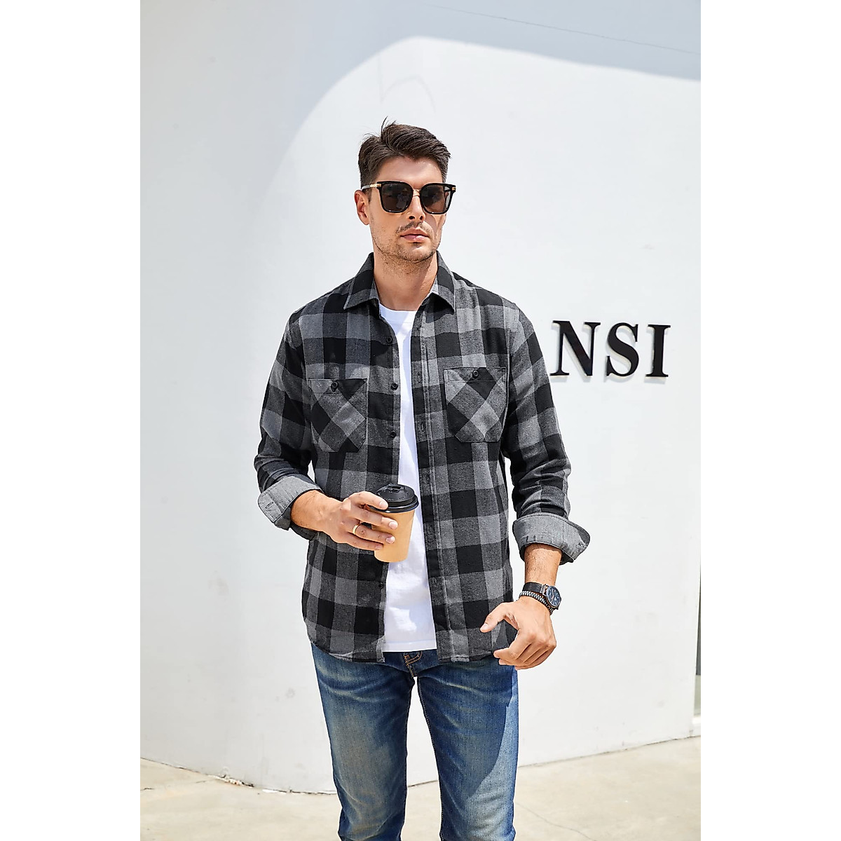 Alex Vando Mens Button Down Shirts Regular Fit Long Sleeve Casual Plaid Flannel Shirt.Grey/Black,L
