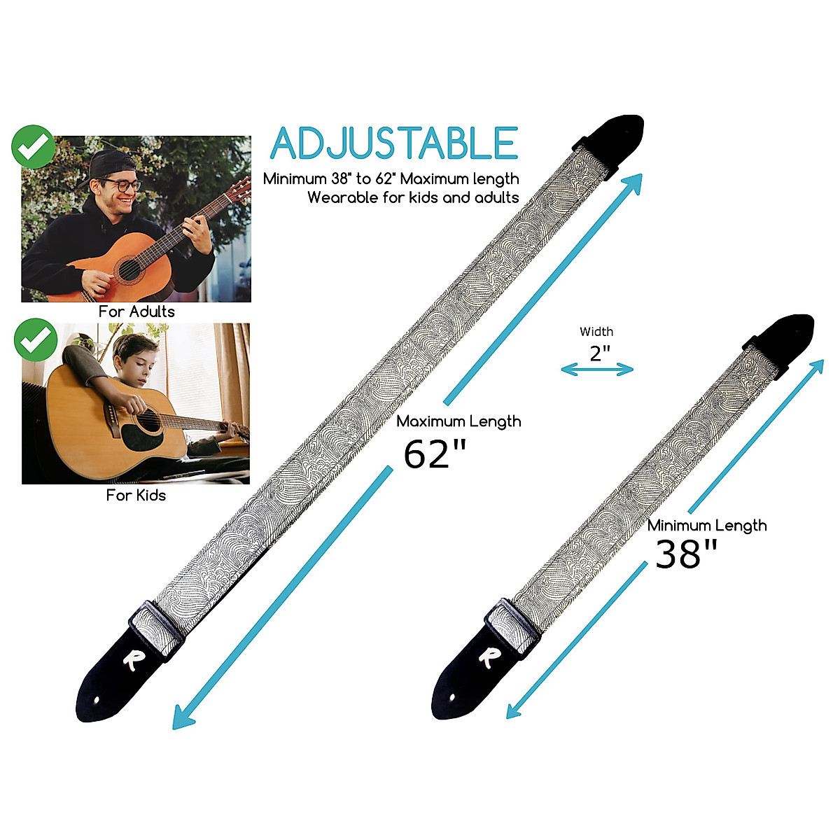 Cherry Guitar Strap, Cherries on White, Genuine Leather Ends, Includes 2 Strap Locks & 1 Pick. Adjustable Strap, Pick Pocket, For Bass, Electric & Acoustic Guitars Gift for Guitar Players, Women & Kid