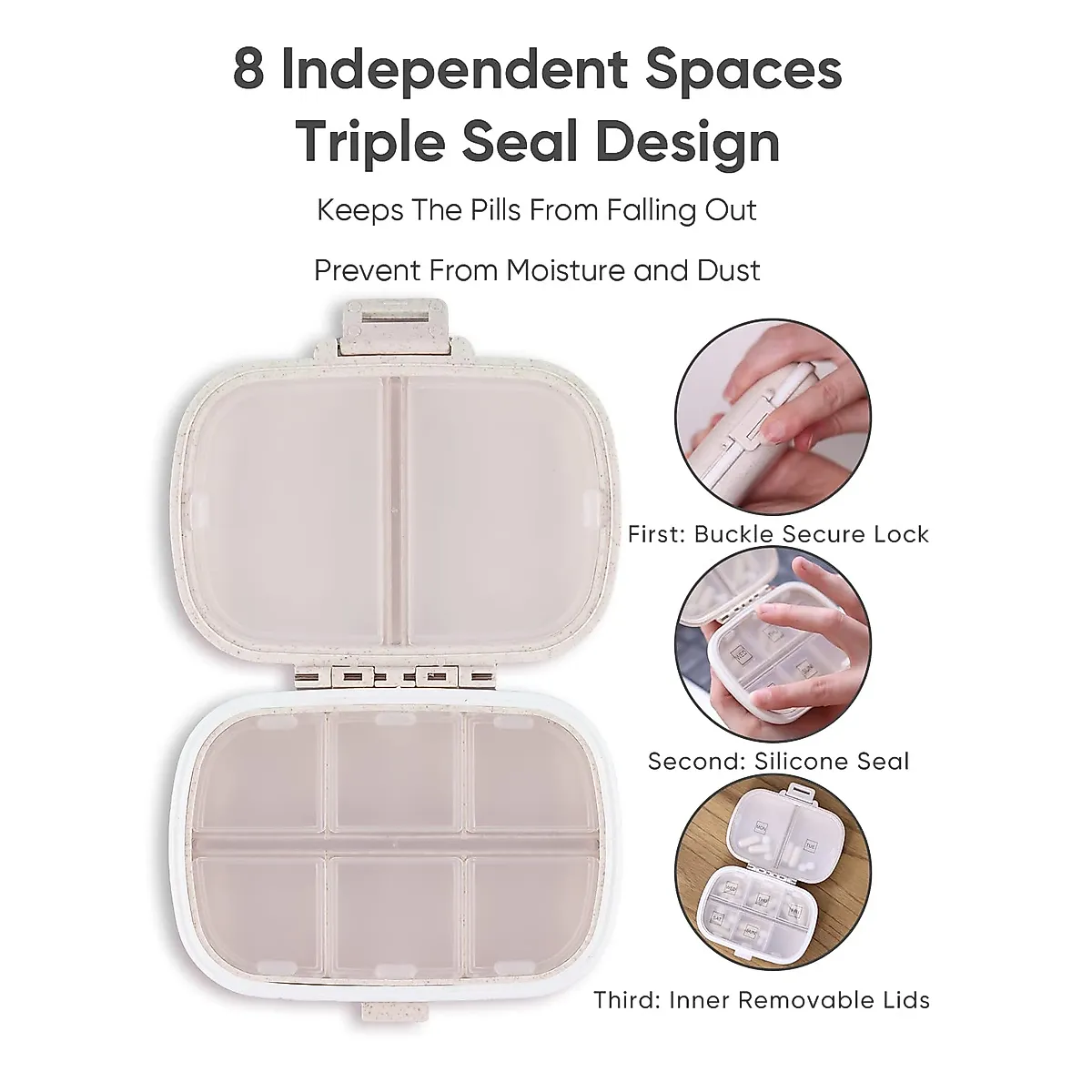 Holii Travel Pill Organizer, 8 Compartments Portable Pill Case, Daily Pill Box to Hold Vitamins, Small Pill Container for Pocket Purse Medicine Organizer（Khaki）