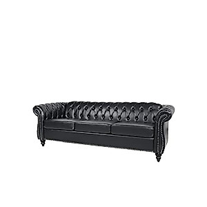 YOCWO Chesterfield Sofa Leather, 84" Upholstered Tufted Couch 3 Seater with Rolled Arms and Nailhead for Living Room, Bedroom(Black)