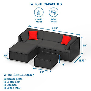 Nestl Outdoor Patio Furniture Set – Outdoor Furniture Patio Set, 5 Piece Patio Furniture Sets with Outdoor Couch, Outdoor Sectional Patio Seating with Gray Cushions, Black Wicker Patio Furniture Sets