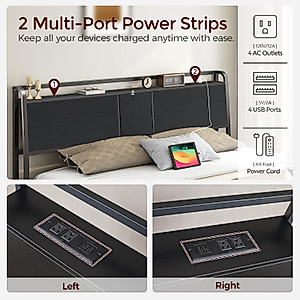 MAHANCRIS Headboard Queen Size, Headboard with 4 Outlets and 4 USB Ports, Industrial Headboard with Flip Door and Bed Frame Adapter, Height Adjustable, Black