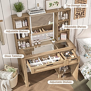 usikey Farmhouse Makeup Vanity Desk with Mirror and Lights, Glass Tabletop Makeup Vanity with Adjustable Shelves, Vanity Table Set with 2 Drawers and Side Cabinet for Bedroom, Maple