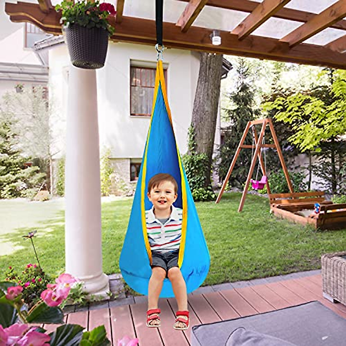 C-CHAIN Swing Pod Chair for Kids, Cotton Hammock Chair with Durable Air Cushion, Child Swing Seat Nest with Adjustable Rope, All Accessories Included (Blue)