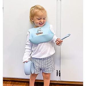 Beanie Kate Silicone Feeding Bib,Durable Pocket Adjustable Strap BPA Free Silicone Waterproof Easy Cleanup Comfortable for Babies & Toddlers (Pirate Ship),Blue,6 month2 years